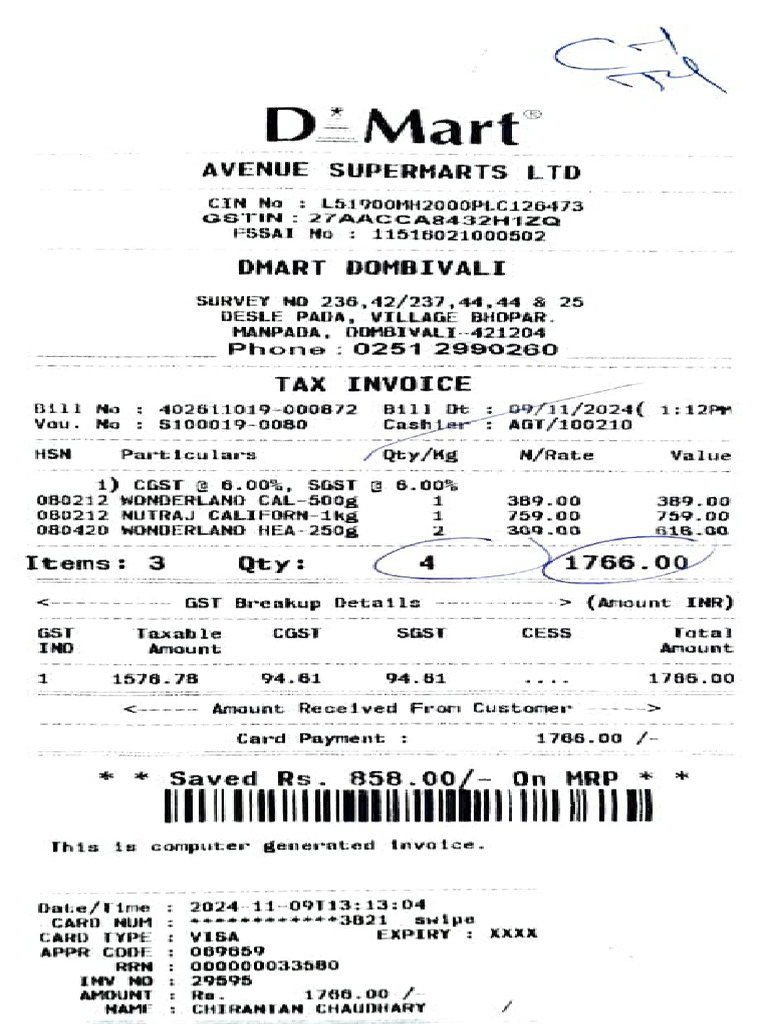Tax Invoice for DMart Purchase | PDF