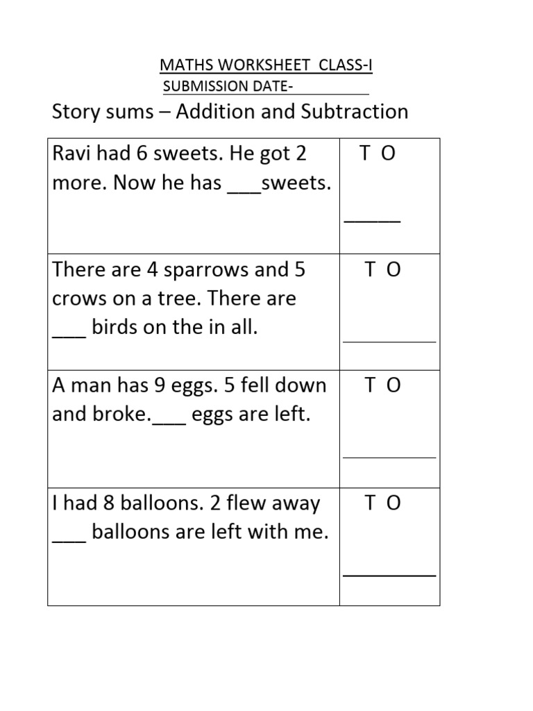 CBSE Class 1 Maths Practice Worksheets (76) - Addition and Subtraction | PDF