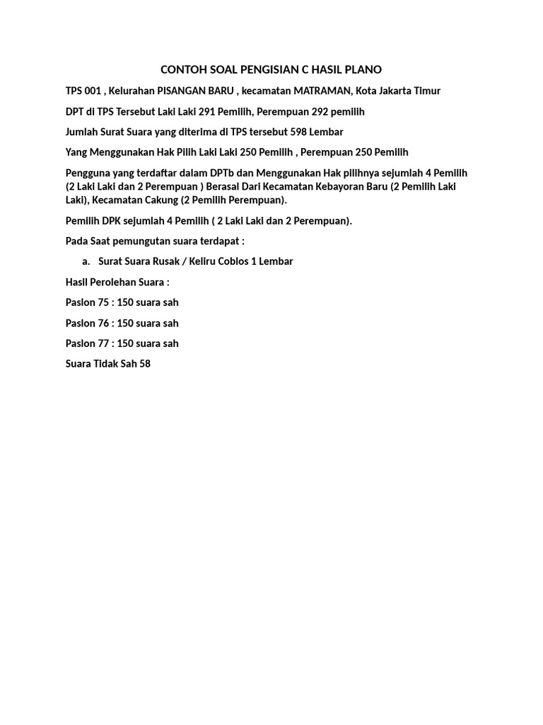 Contoh Soal Pengisian C Hasil Plano Cerita 2 | PDF