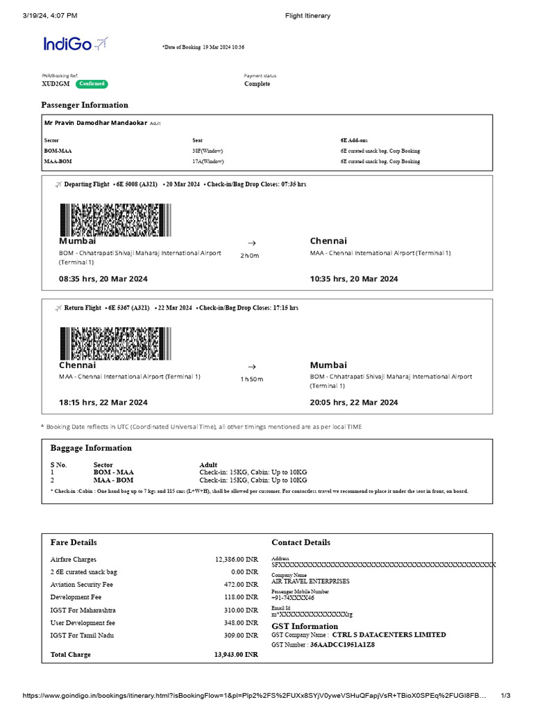 Pravin Damodhar Mandaokar BOM MAA BOM 20-22MAR24 TICKET Wesd | PDF ...