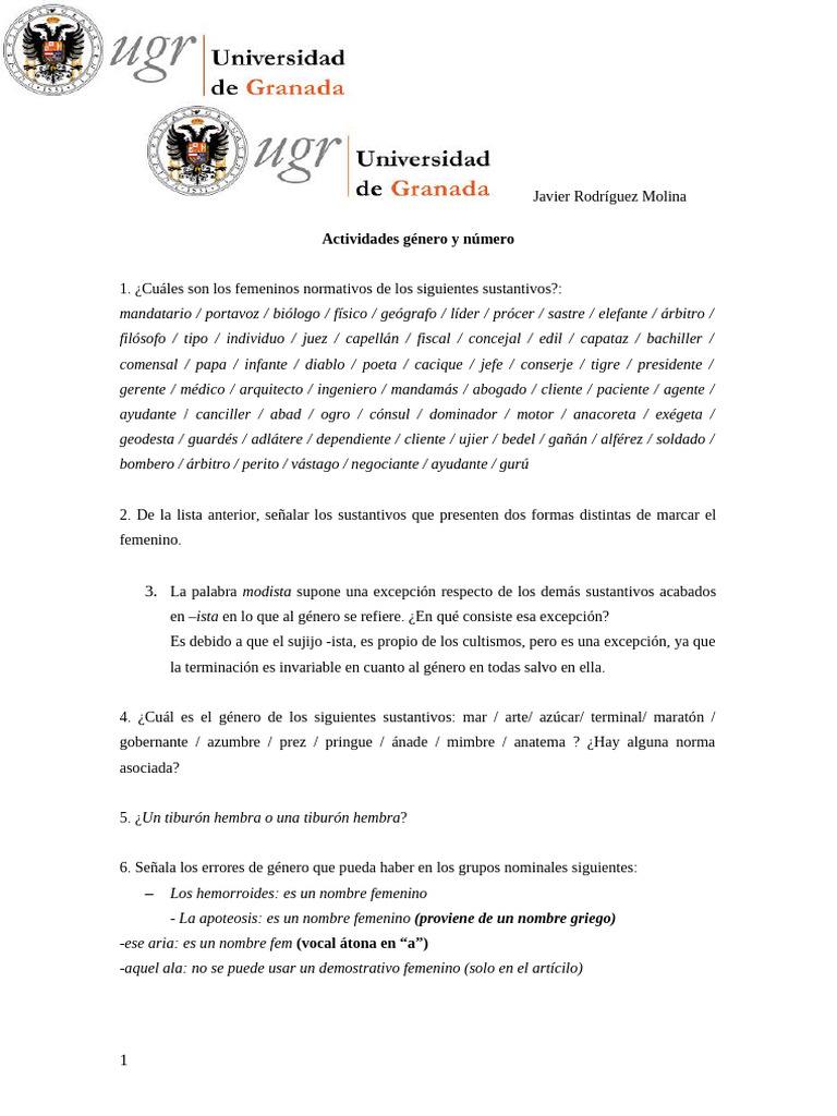 Ejercicios Género y Número | PDF | Género gramatical | Sintaxis
