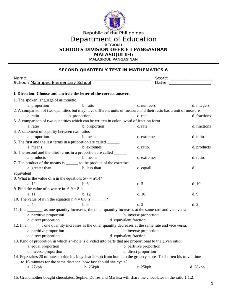 2ND PT in Mathematics 6 | PDF | Ratio | Arithmetic