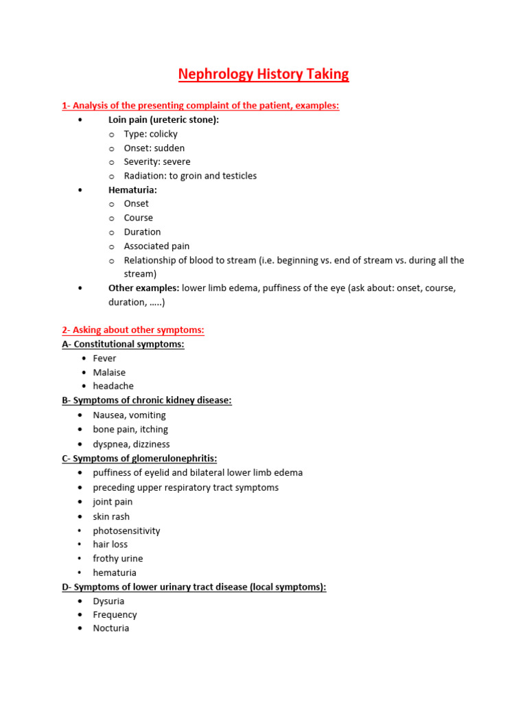 Nephrology History Taking Guidelines | PDF