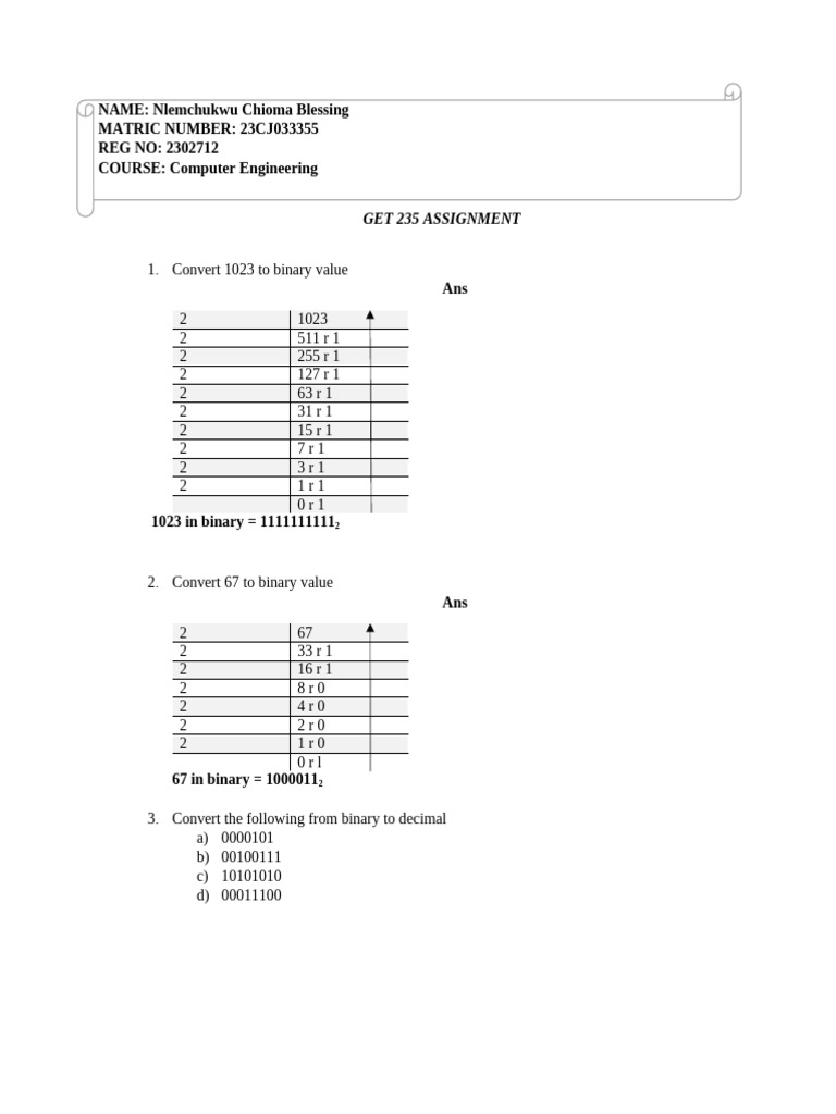 GET 235 Assignment Nlemchukwu Chioma 23CJ033355 | PDF | Computer Science | Notation