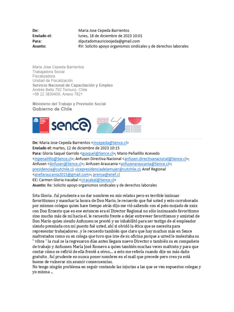 RV Solicito Apoyo Organismos Sindicales y de Derechos Laborales | PDF ...