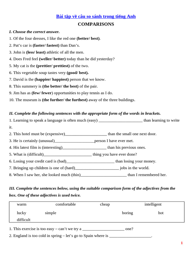 Bai Tap Ve So Sanh Trong Tieng Anh | PDF