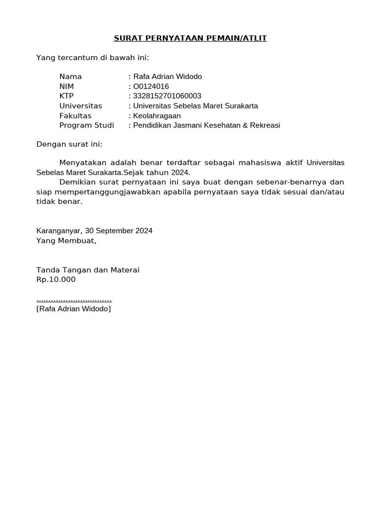 Contoh Surat Rekomendasi Universitas, Fakultas, Surat Pernyataan Atlet | PDF | Pengelolaan ...