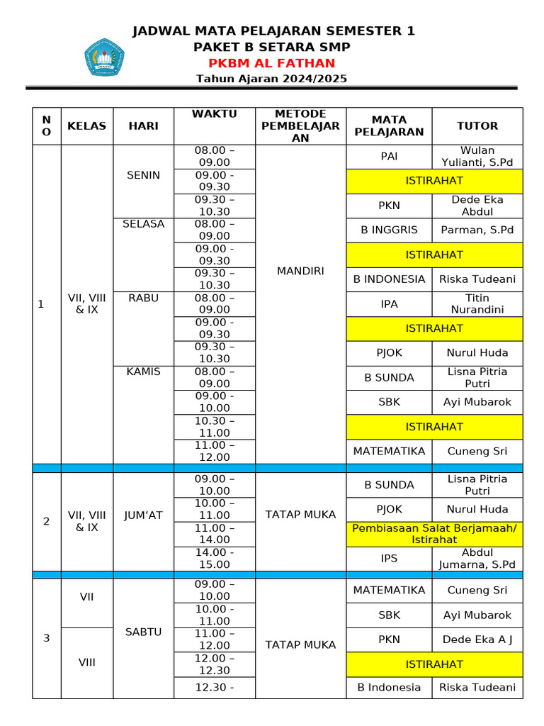 Jadwal PKBM | PDF