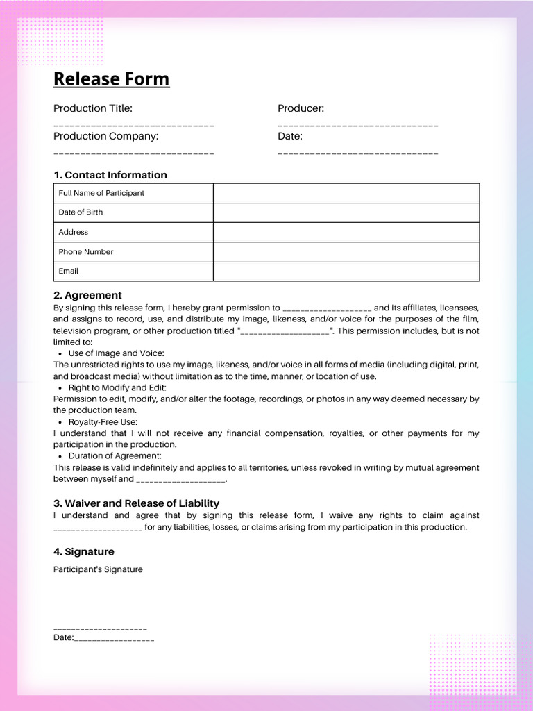 Purple Blue Neon Border Release Form A4 Document PDF | PDF | Law