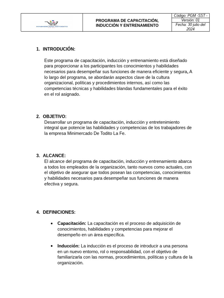 Formato Programa Capacitacion, Induccion y Entrenamiento | PDF