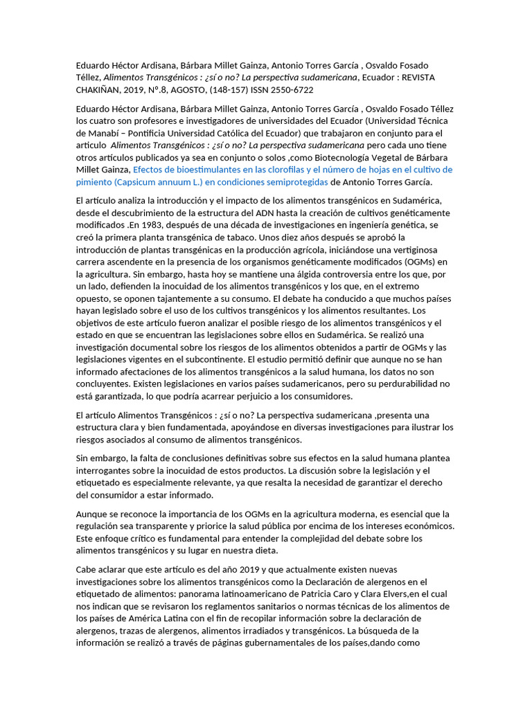Alimentos Transgénicos en Sudamérica: Análisis | PDF | Organismo ...