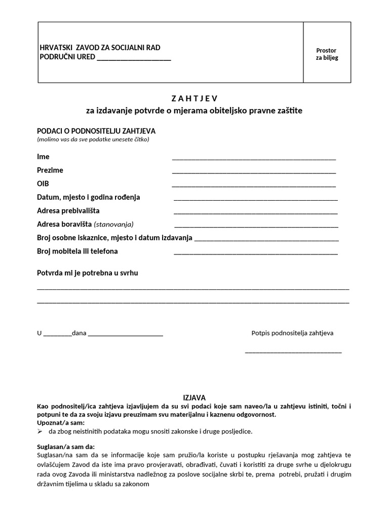 Zahtjev Za Izdavanje Potvrde - Mjere Obiteljsko Pravne Zastite | PDF