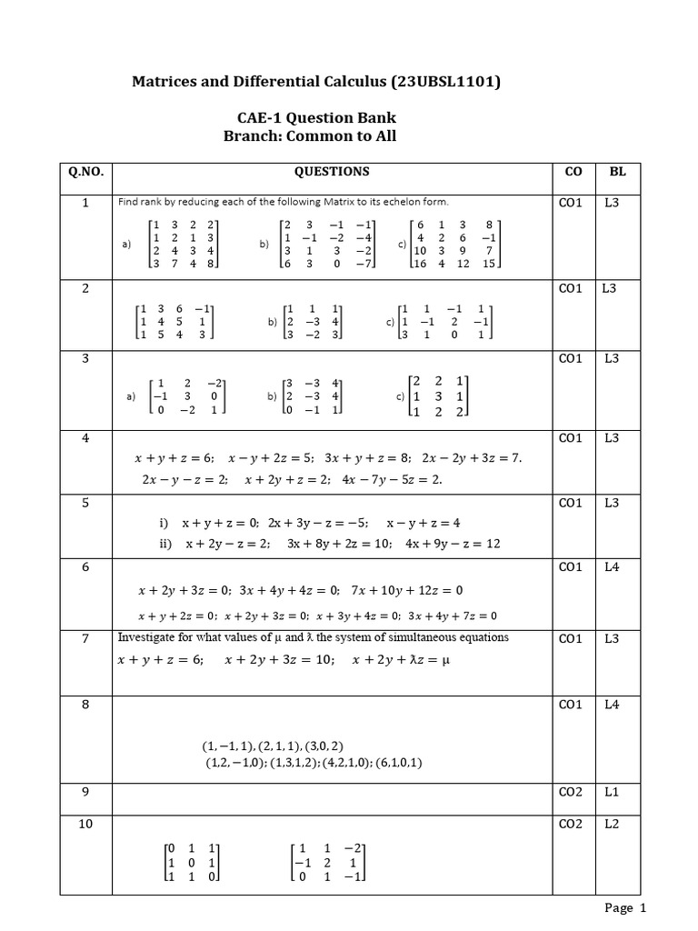 M&DC CAE - 1 BANK (Unit-1&2) | PDF | Matrix (Mathematics) | Eigenvalues And Eigenvectors