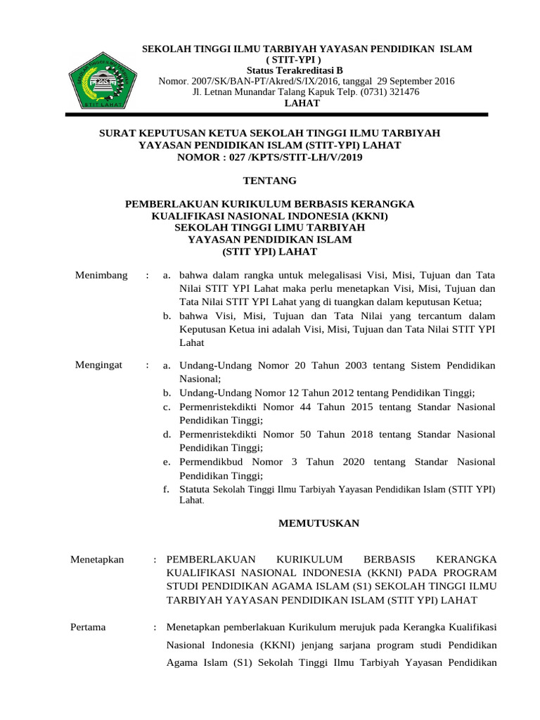 SK Pemberlakuan Kurikulum Berbasis Kkni | PDF