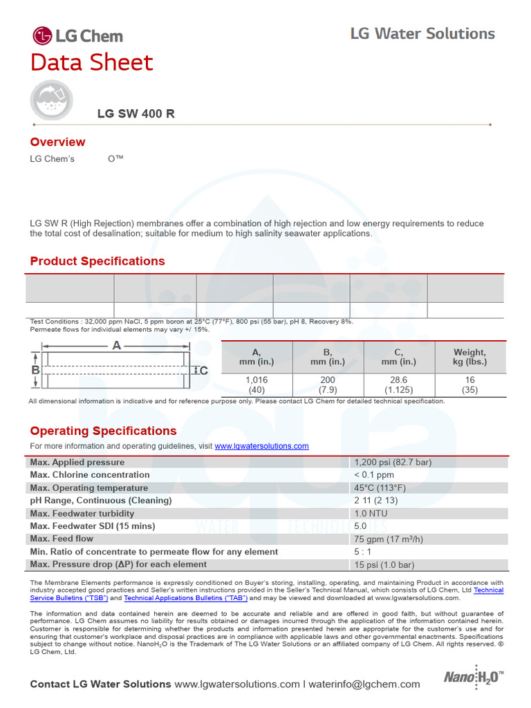 Datasheet LG SW 400 R ENG | PDF | Membrane | Chemistry