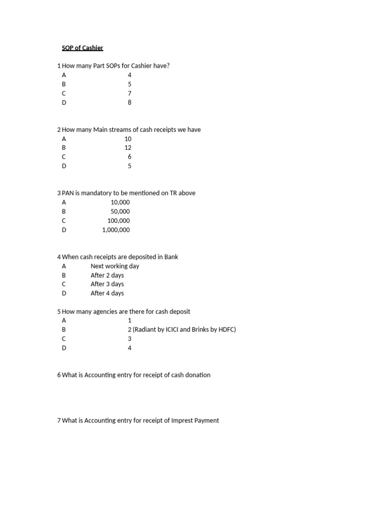 SOPs for Cashier, Bills, Payments, Receipts | PDF | Payments | Cheque
