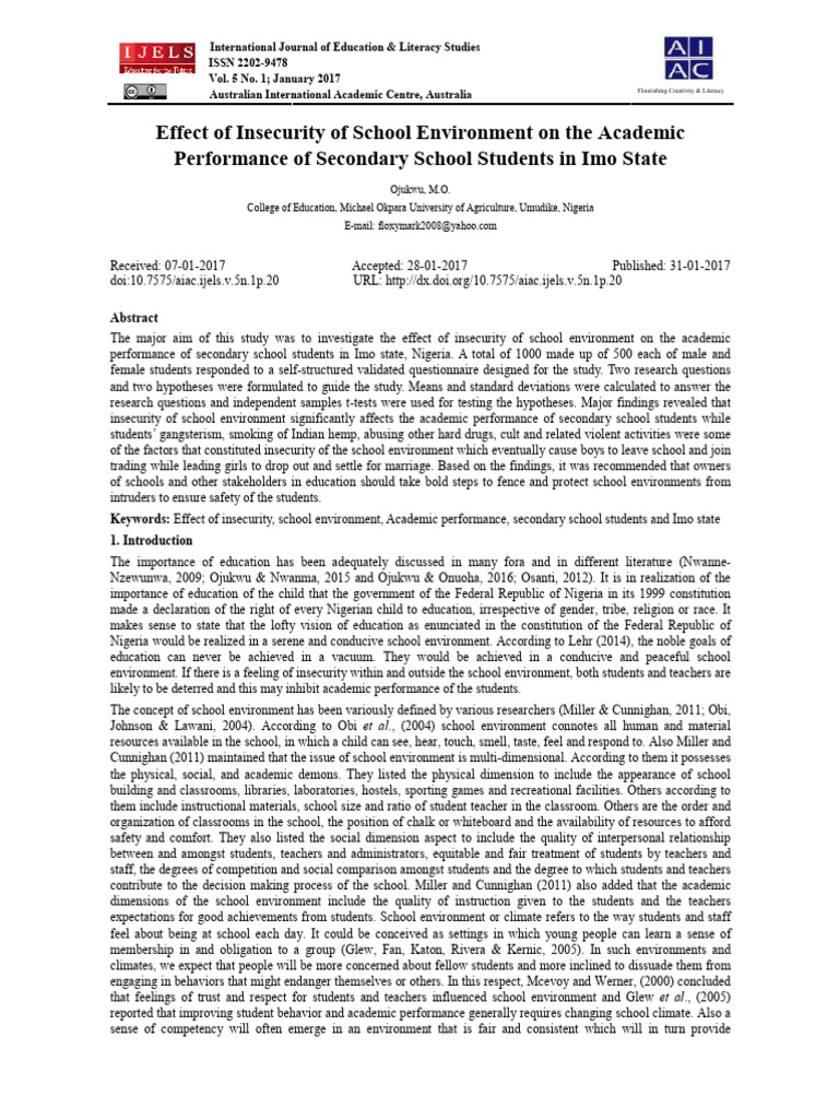 Effect of Insecurity of School Environment On The Academic 2f4p1s15ex ...