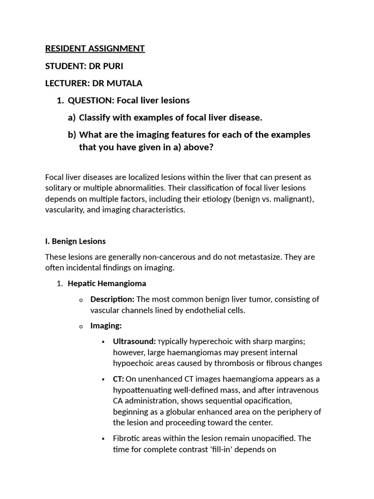 Focal Liver Lesions Resident Assignment | PDF | Magnetic Resonance Imaging | Liver