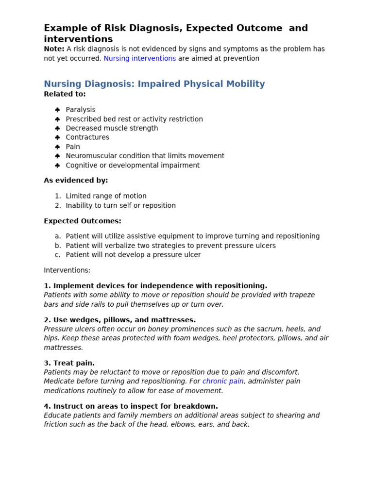Example of Risk Dignosis, Plan and Intervention | PDF | Wound | Medical ...