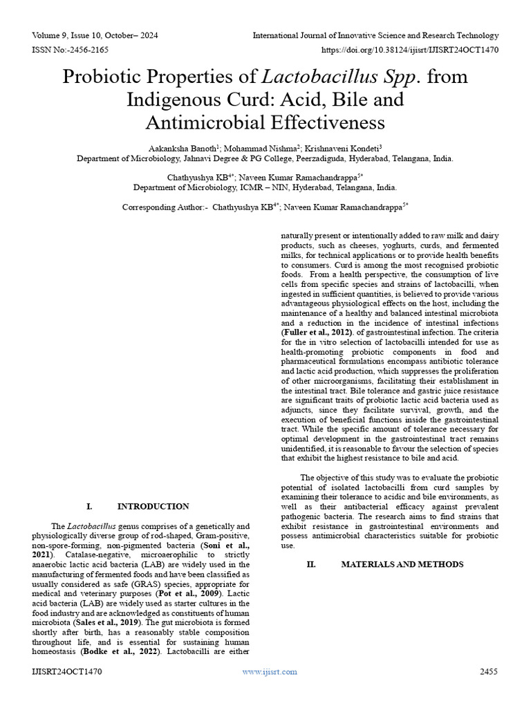Probiotic Properties of Lactobacillus Spp. From Indigenous Curd: Acid ...