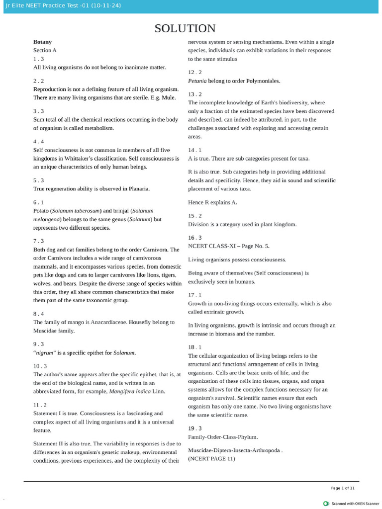 JR Elite NEET Practice Test - 01 (10!11!24) - Sol | PDF