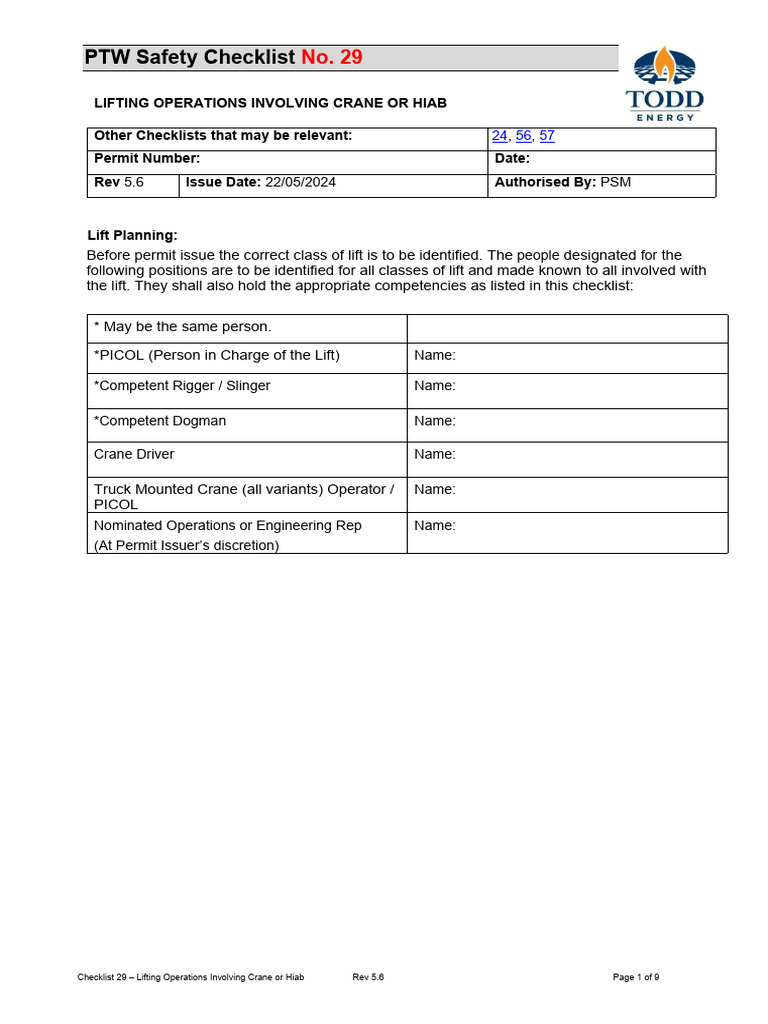 Checklist 29 Lifting Operations Involving Crane or Hiab | PDF | Crane ...