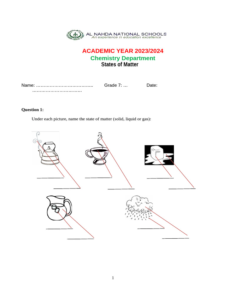 Grade 7 States of Matter Worksheet | PDF