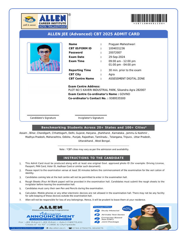 Allen Jee (Advanced) CBT 2025 Admit Card | PDF | Authentication ...