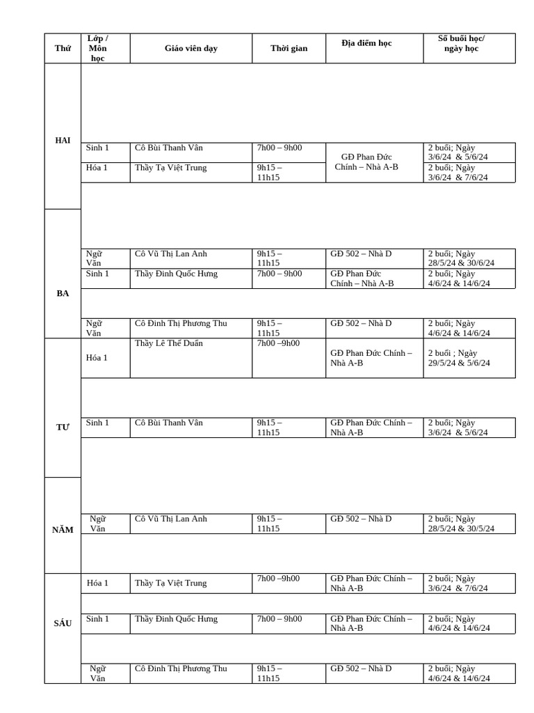 TKB Lop Dong Hanh Thi THPT 2024 | PDF