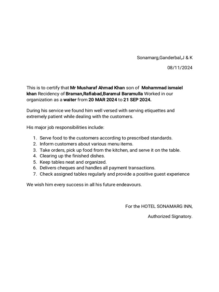Hotel Waiter Expereince Certificate | PDF