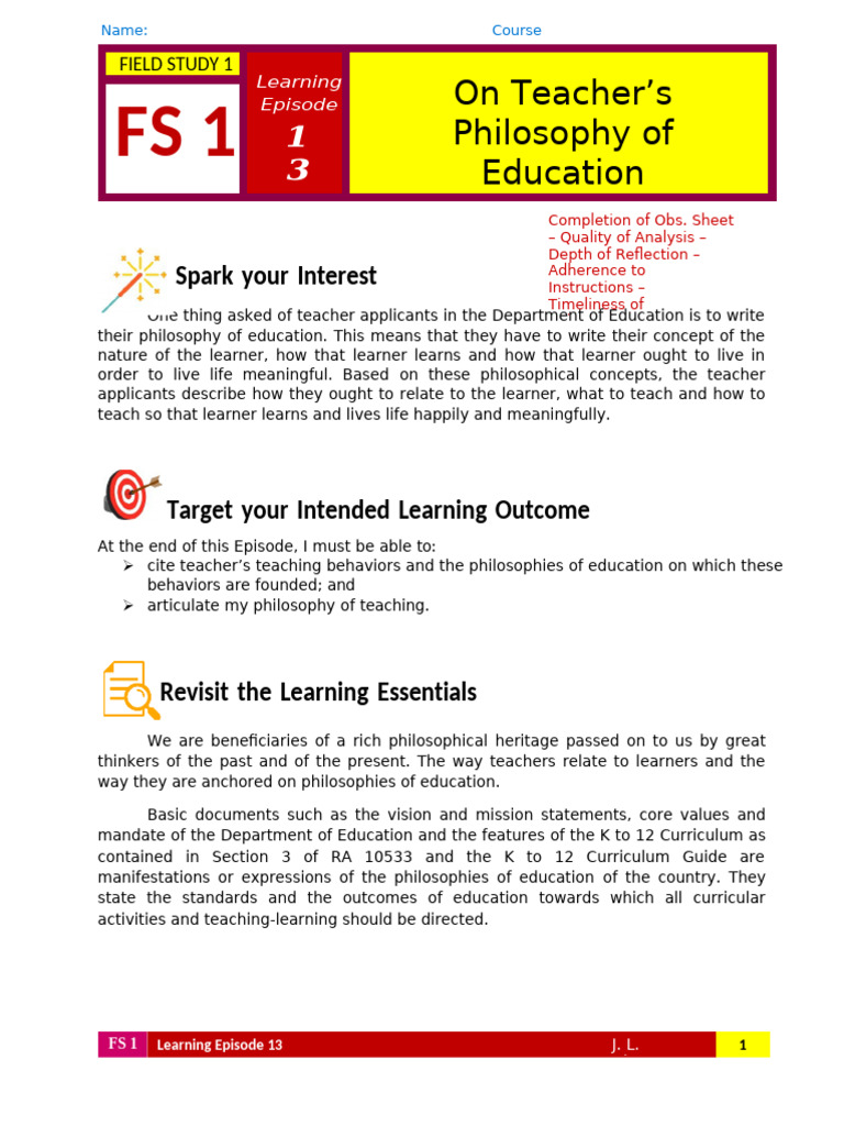 FS 1 Learning Episode 13 (2024-2025) | PDF | Learning | Philosophy Of Education