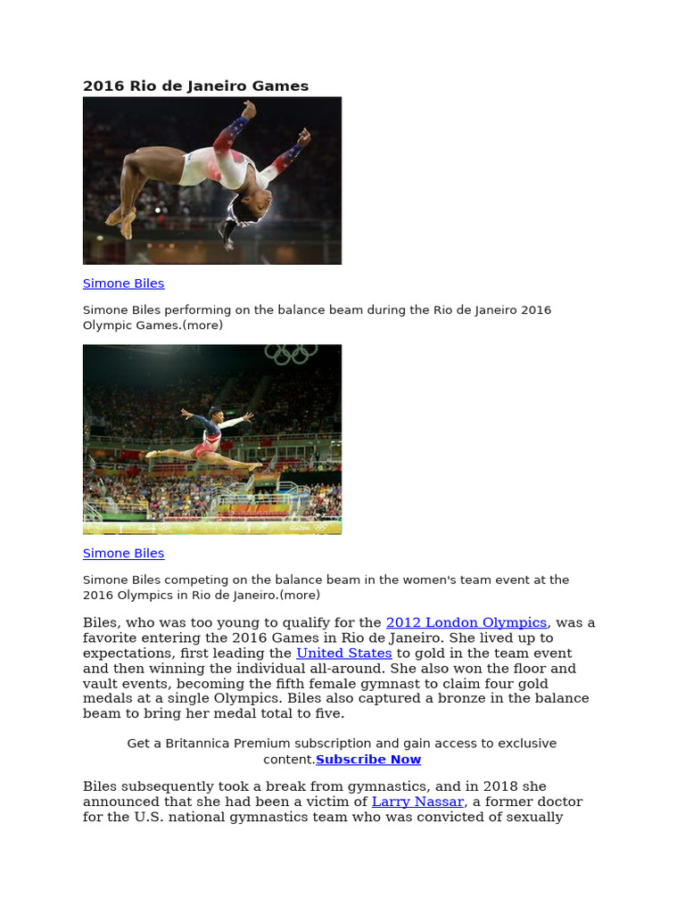 2016 Rio de Janeiro Games | PDF | Simone Biles | Gymnastics