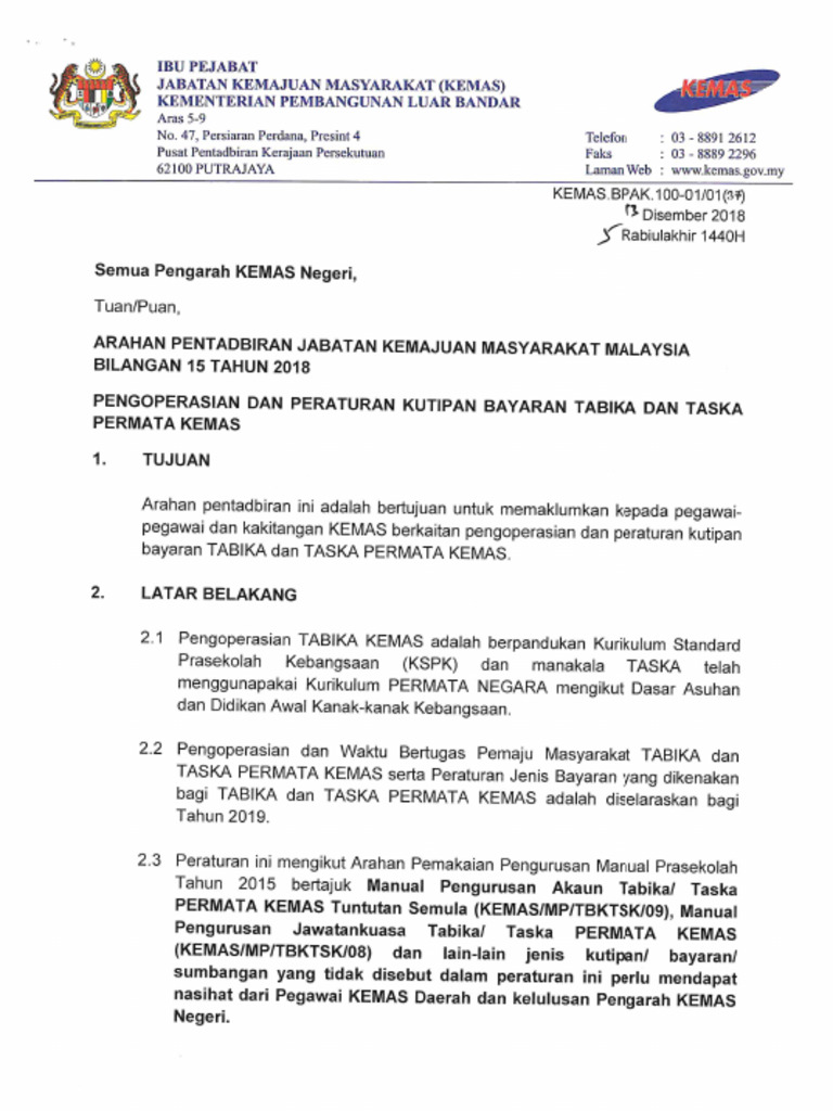 Ap 15 Tahun 2018 Pengoperasian Dan Peraturan Kutipan Bayaran TBK Dan TSK Tahun 2019 | PDF