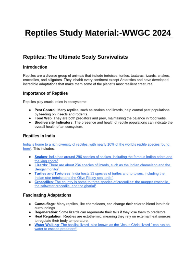 Reptiles Study Material_-WWGC 2024 | PDF | Reptile | Lizard