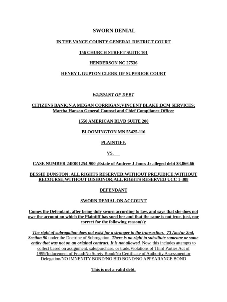 Sworn Denial of Debt by Bessie Dunston | PDF | Bookkeeping | Affidavit