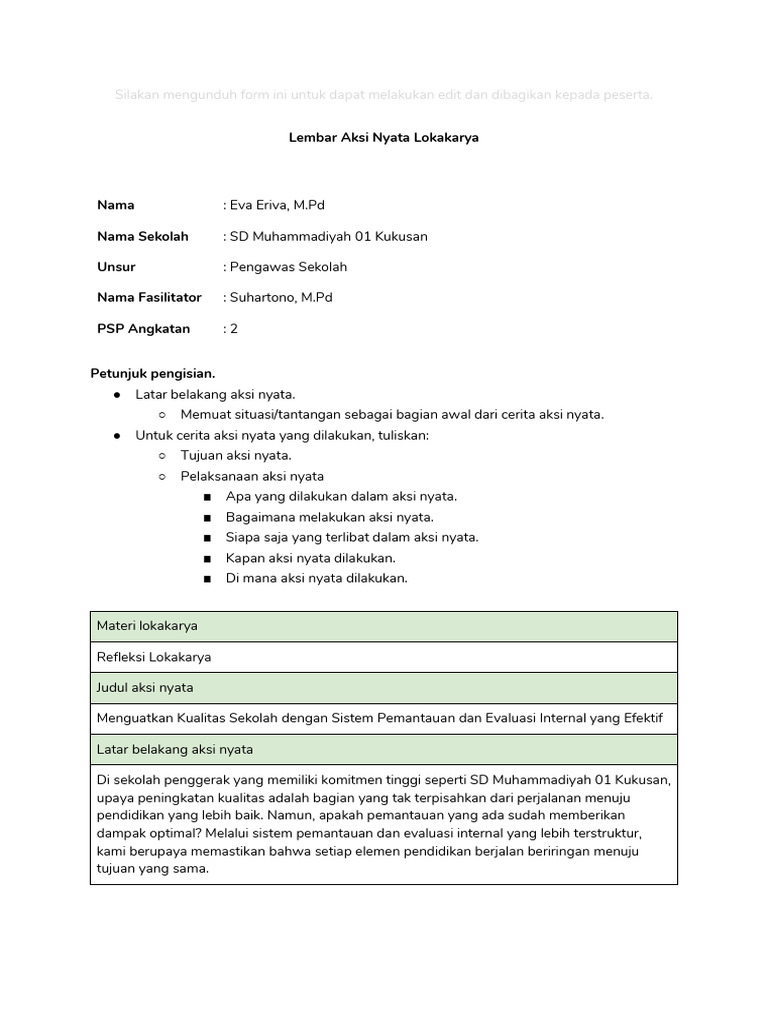 Lembar Aksi Nyata Lokakarya | PDF