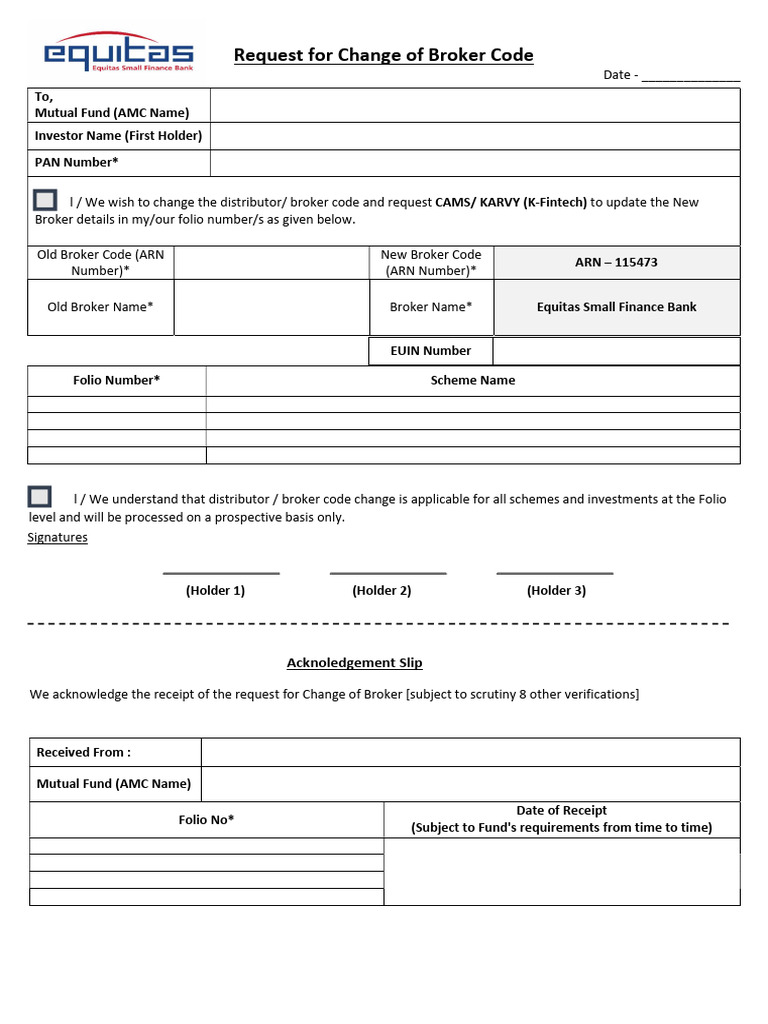 Equitas SFB AUM Transfer Broker Change Form | PDF | Finance & Money ...