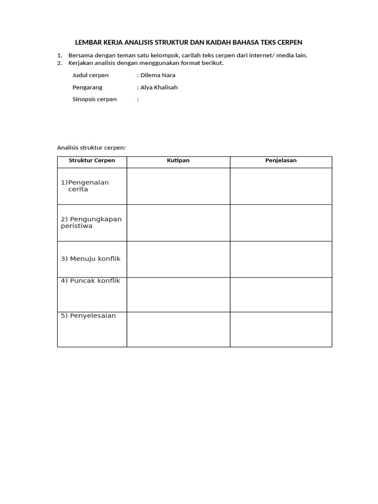 Lembar Kerja Analisis Struktur Dan Kaidah Bahasa Teks Cerpen | PDF