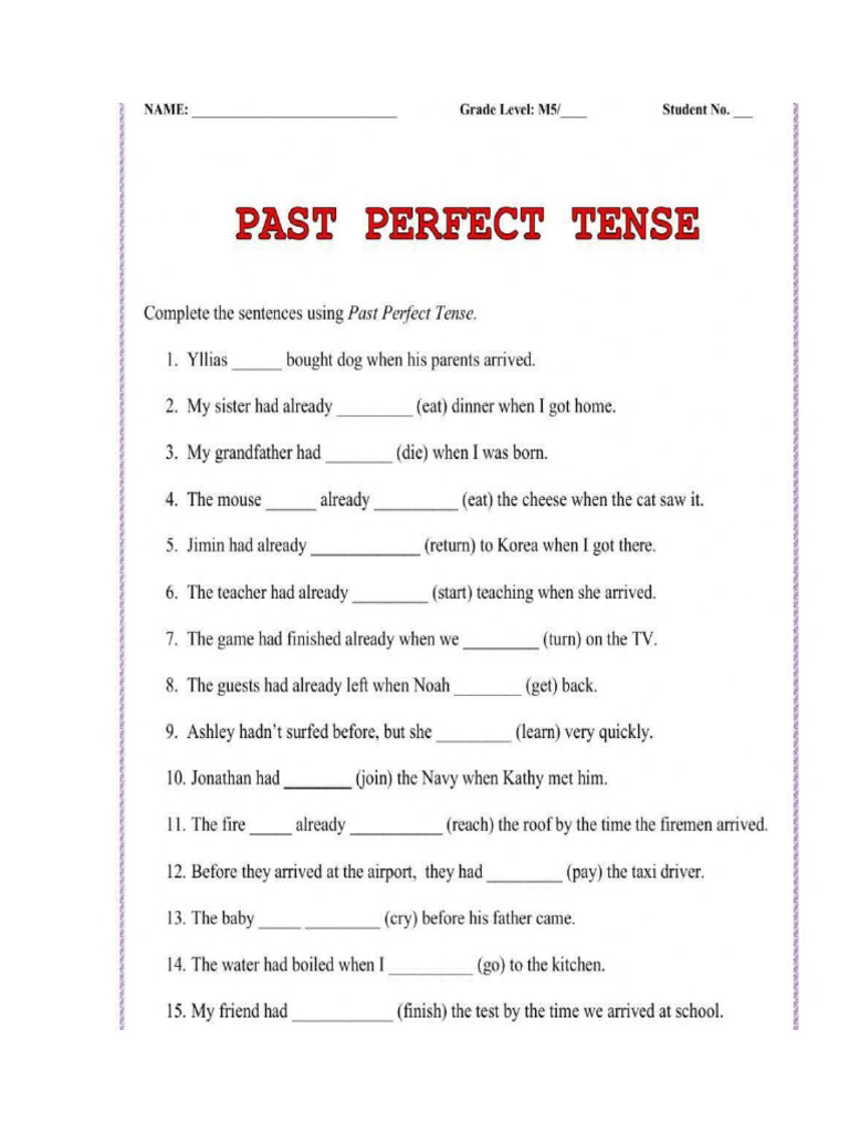 Past Perfect Tense Worksheets | PDF