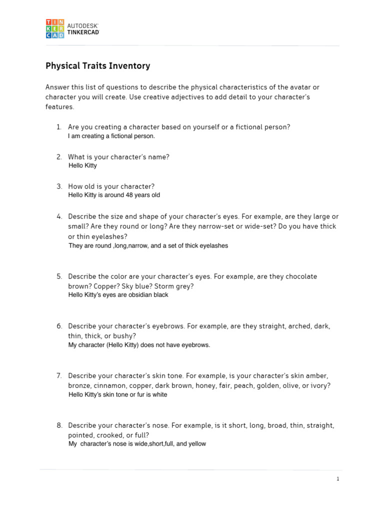 Physical Traits Inventory: I Am Creating A Fictional Person | PDF ...