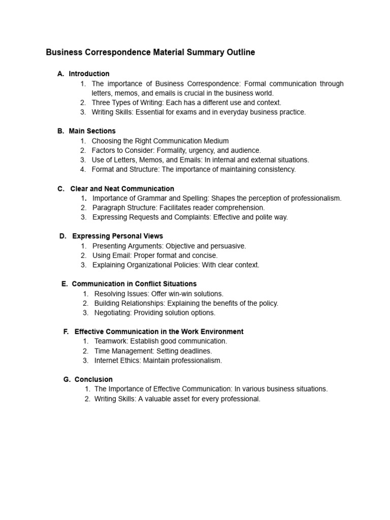 Business Correspondence Material Summary Outline | PDF