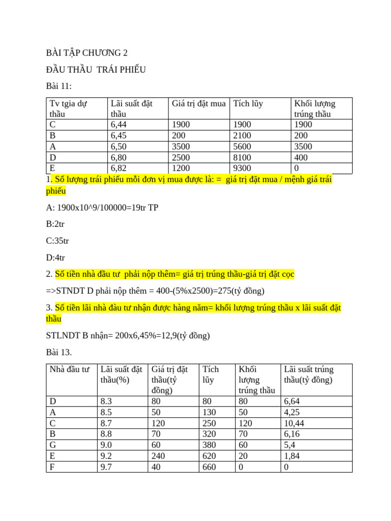 BÀI TẬP CHƯƠNG 2- TTCK | PDF