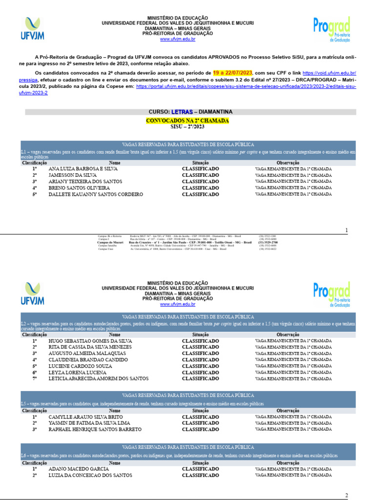 Letras Segunda Chamada Sisu 2023 2 | PDF | Estágios educacionais | Ensino Superior