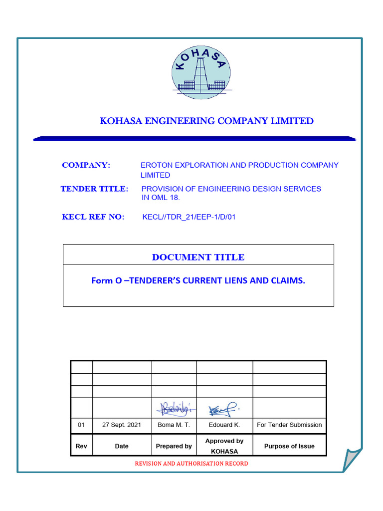 EEP20-0030 - Kohasa Engineering Company LTD - Technical Tender - Form O PDF | PDF