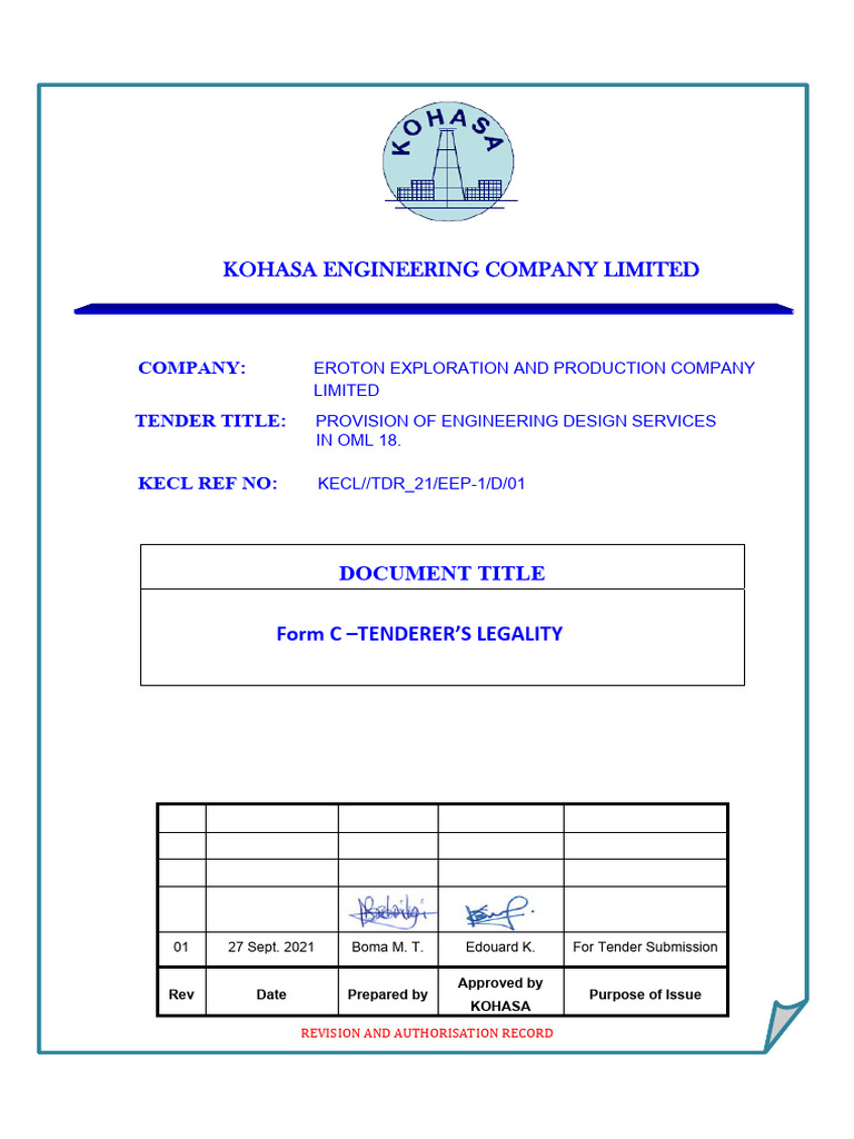 EEP20-0030 - Kohasa Engineering Company LTD - Technical Tender - Form C PDF | PDF