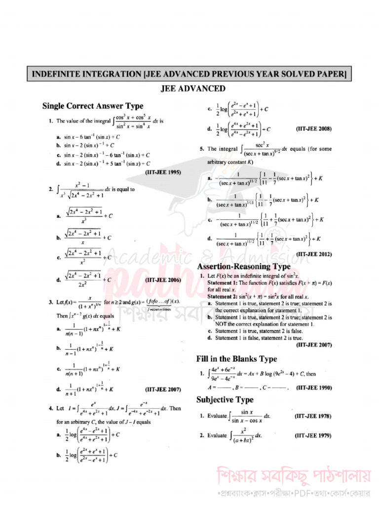 Indefinite Integration JEE Advanced Questions PDF With Solutions-1 | PDF