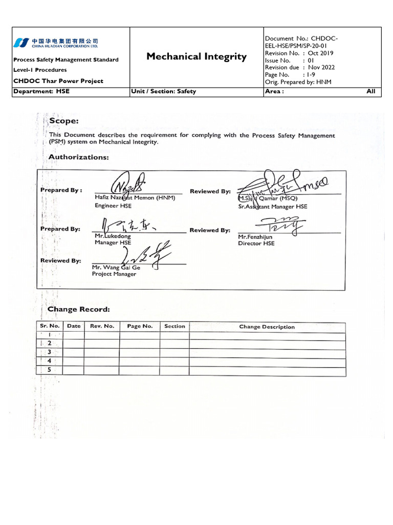 PSM 20 - Mechanical Integrity (Level 1 Document) | PDF | Reliability Engineering | Safety