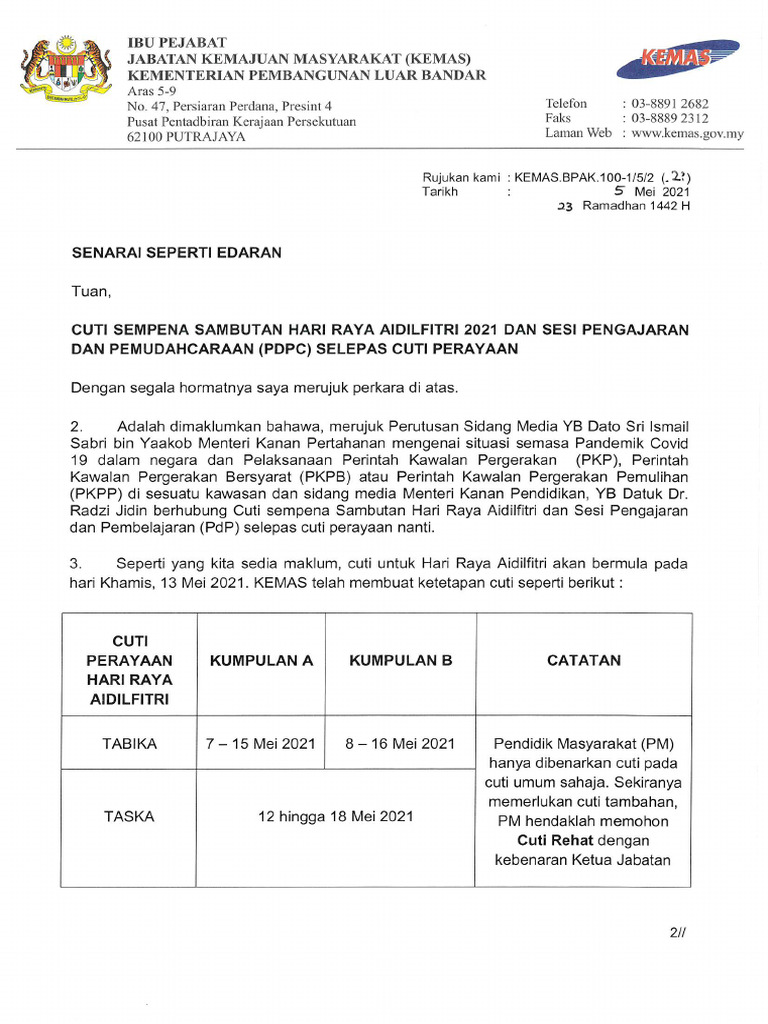 Surat Cuti Sempena Hari Raya Aidilfitri 2021 Dan PDPC Selepas Perayaan ...