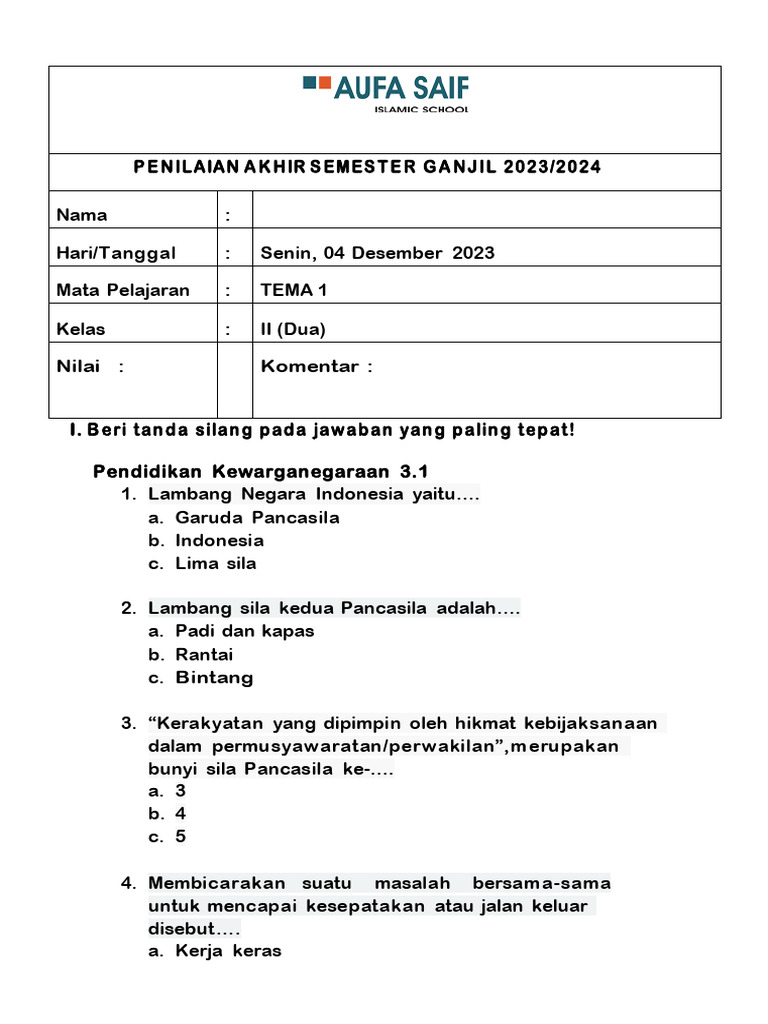 Pas Ganjil Kelas 2 Tema 1 2324 | PDF | Griya & Taman