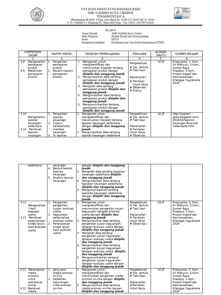 Silabus Format Baru PKK 12 Otkp TP 2021 | PDF